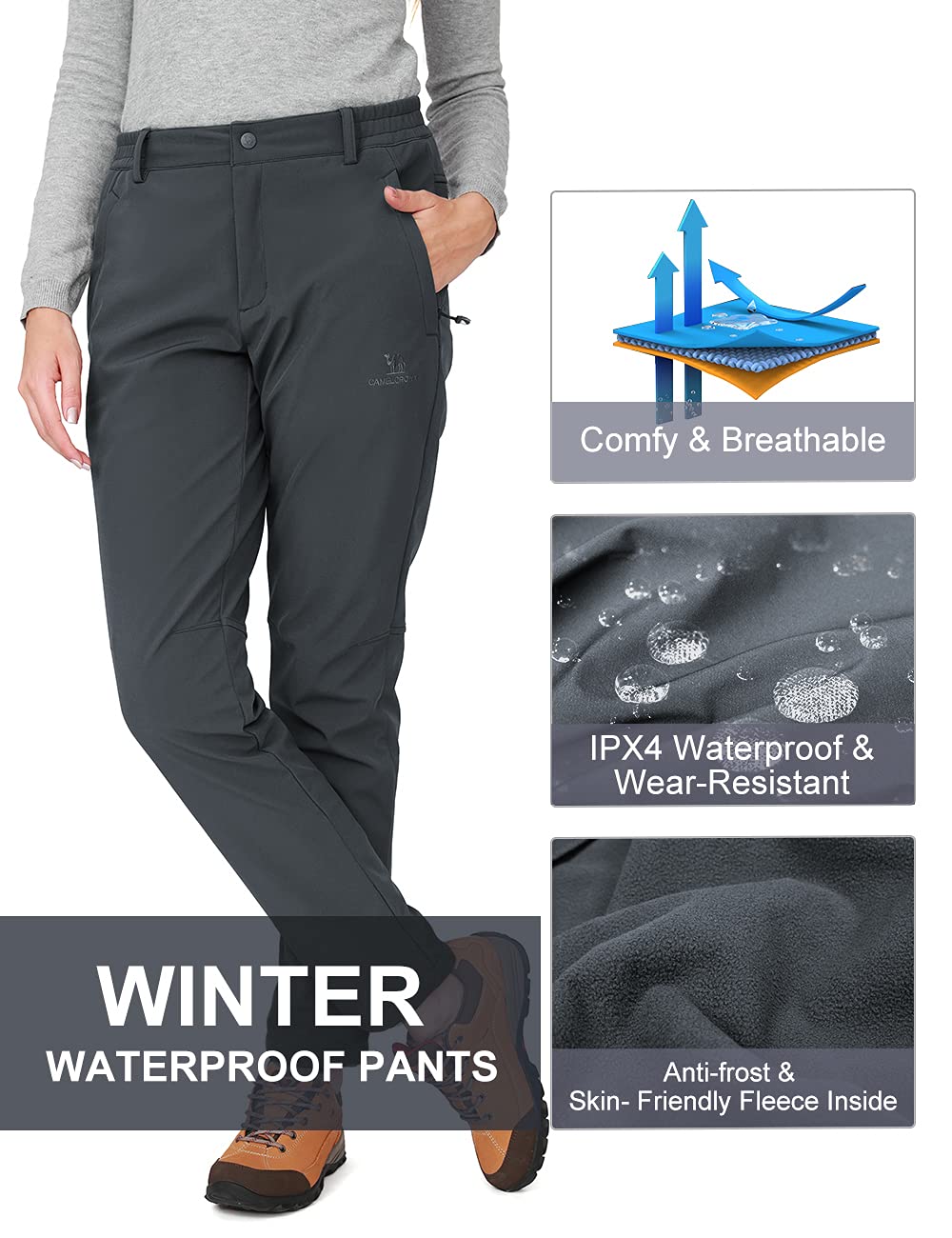 CAMEL CROWN Womens Waterproof Softshell Fleece Lined Pants Warm Windproof Ski Snow Insulated Hiking Hunting Trousers