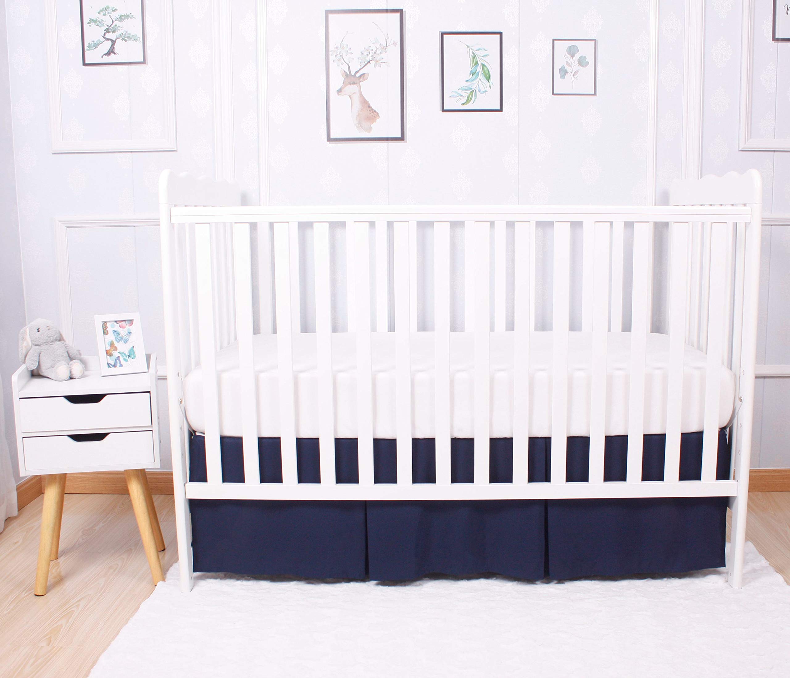 CaSaJa Classic Microfiber Crib Skirt with 2 Sides Pleated, Soft Breathable Dust Ruffle Fits Standard Crib and Toddler Bed, Navy Blue Color for Boys, 14 inches Drop, Navy