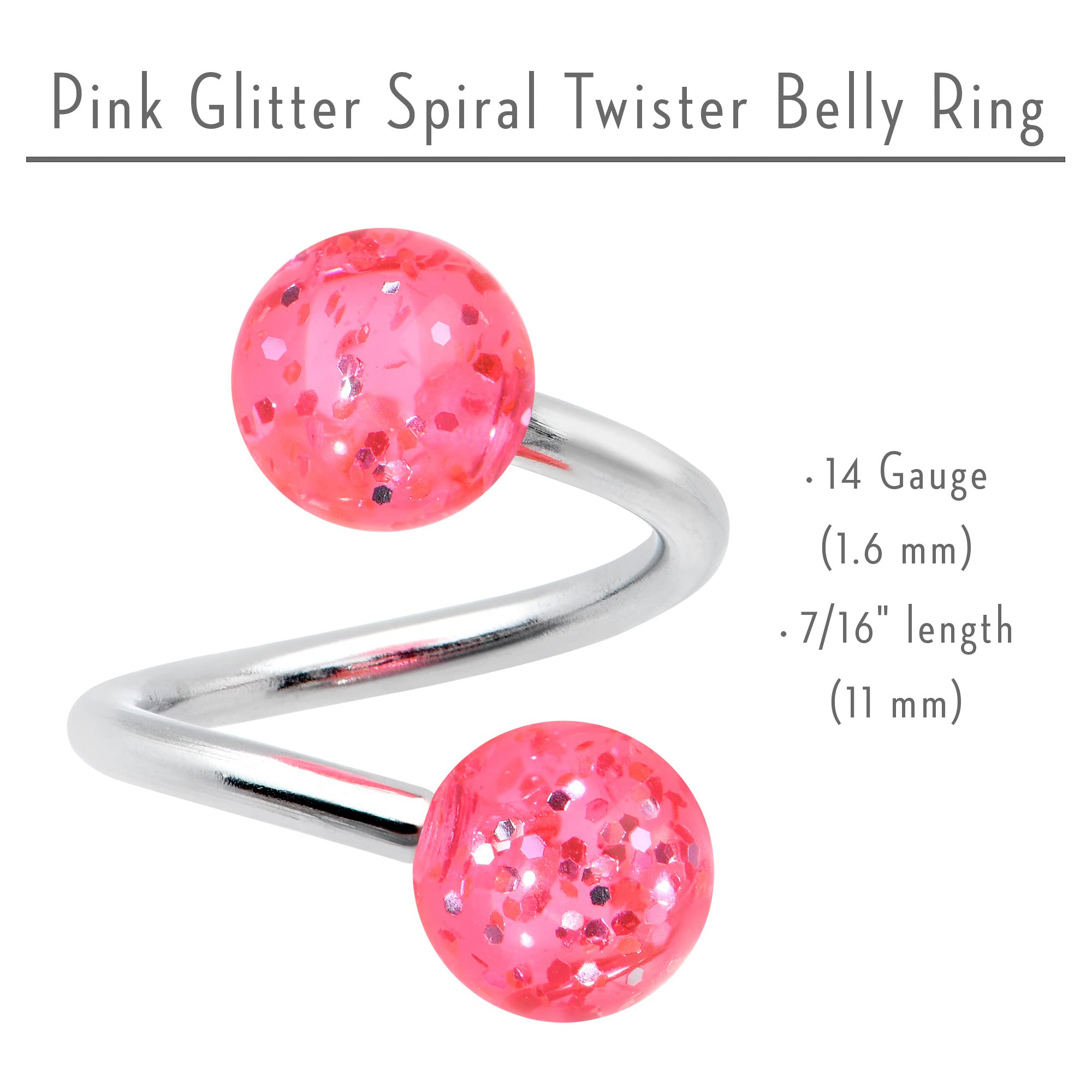 Body Candy Stainless Steel Pink Glitter Acrylic Ball Spiral Twister Belly Ring