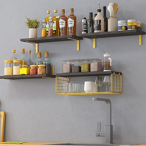 Fixwal 4+1 Tier Floating Shelves Rustic Wood Wall Mounted Shelf, Bathroom Shelves Over Toilet with Wire Storage Basket, Farmhouse Wall Decor for Bedroom, Kitchen, Living Room and Plants (Black Gold)