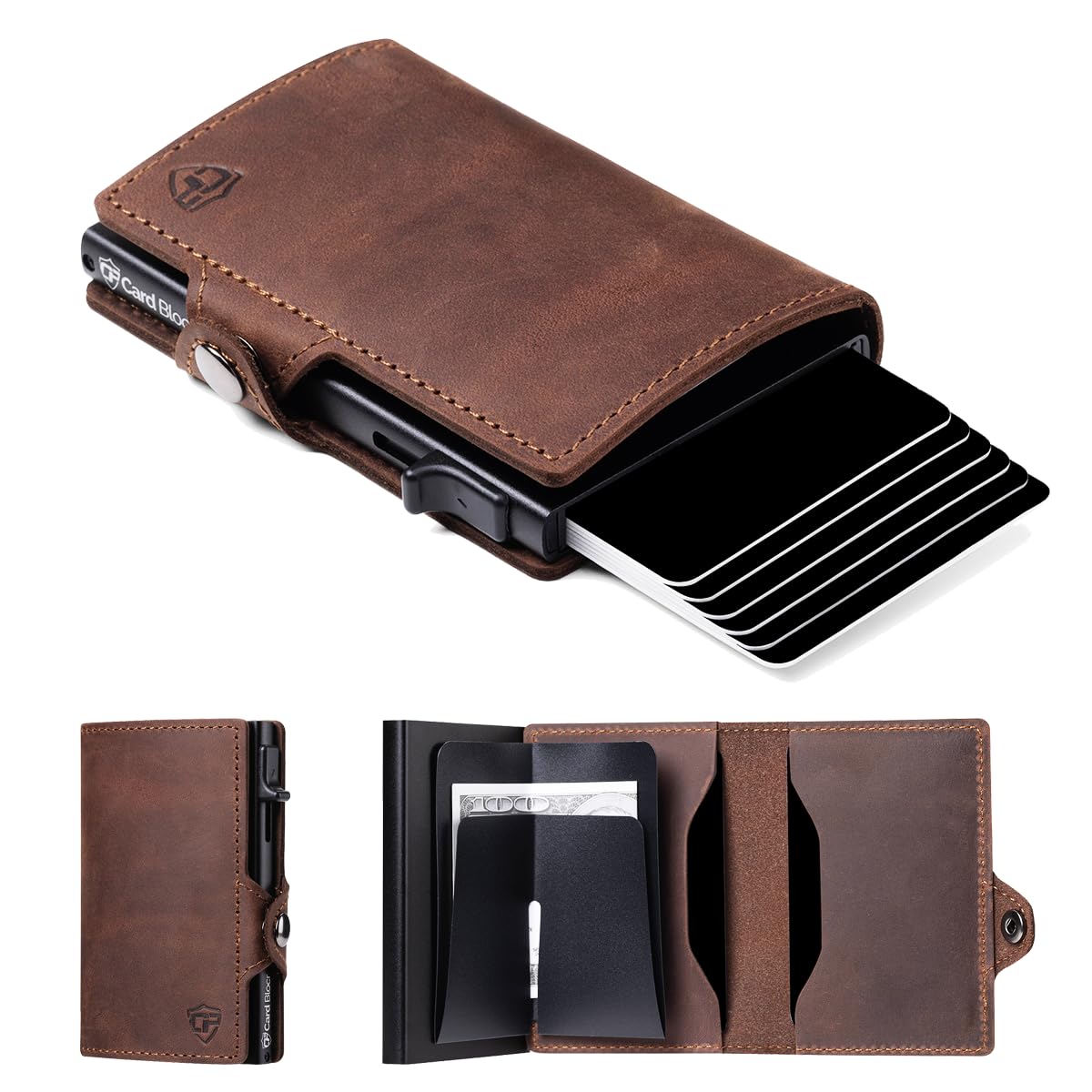 Conceal Plus Wallet for Men, Pop Up Wallet Credit Card Holder - RFID Blocking, Slim Minimalist Credit Card Case (Distressed Brown Genuine Leather)