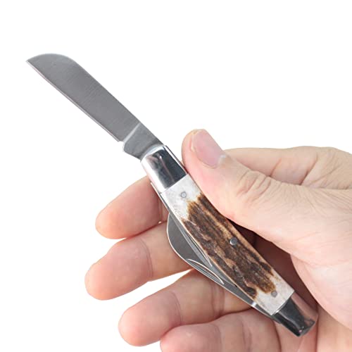 DIAMOON Small Folding Pocket Knife Tools 3.6β Medium Congress Classic Traditional Stag Handles with 4x 420 Stainless Blades, gift for dad, knife collectors