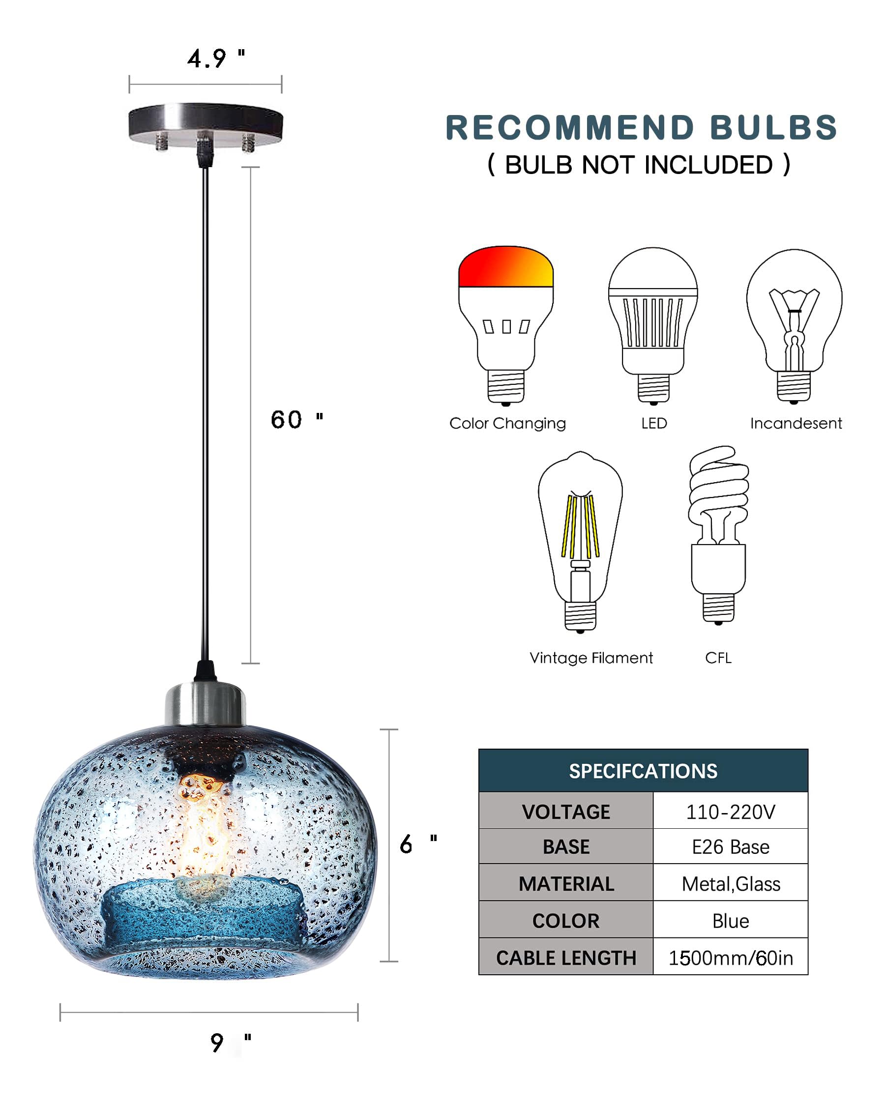 CASAMOTION Pendant Lighting Kitchen Island Table Hand Blown Glass Light Fixtures Marble Blue Color Modern Farmhouse Style Ceiling Hanging Dining Room Brushed Nickel 9 Inch Diam 2 Pack
