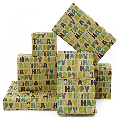 Happy Birthday Green Wrapping Paper For Men Women Boys Girls Kids,Gift Wrap, 20 x 28 inches per sheet (6 sheets: 23 sq. ft. ttl.) Brown KRecycled raft Folded Paper for Baby Shower Daddy All Birthday Occasions