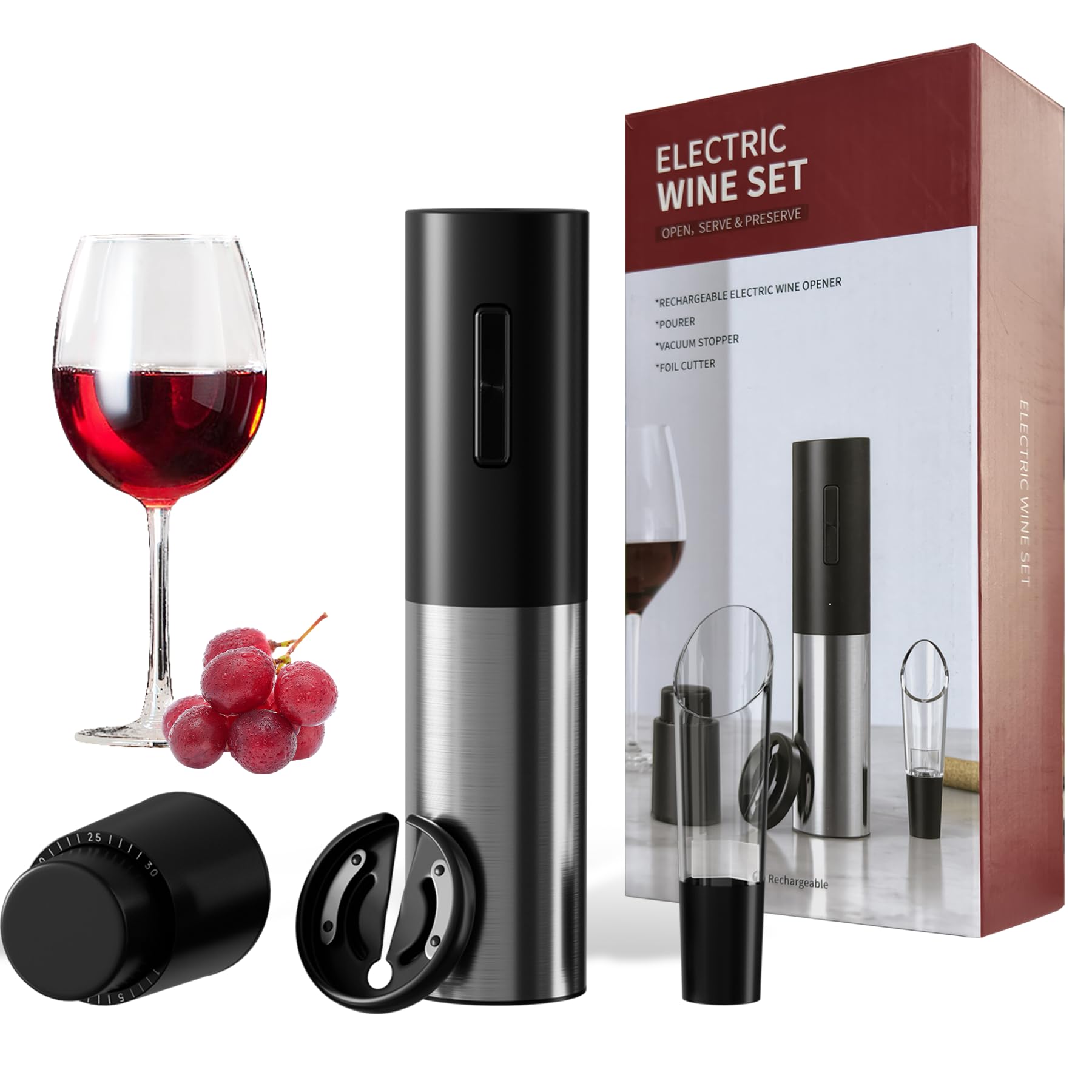 Electric Wine Opener, Automatic Wine Bottle Corkscrew with Air Pump, Foil Cutter, Pourer, Vacuum Stoppers (4PCS), Professional Easy Rechargeable Vino Opener Set Suitable for Home, Travel