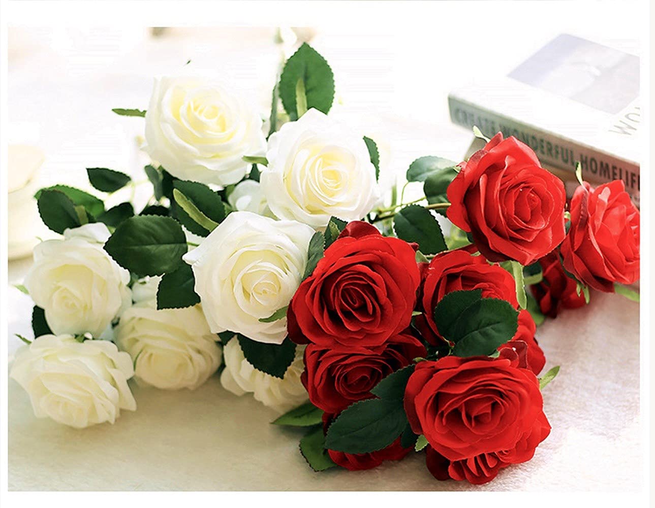 Jasion Artificial Roses 10 Heads Faux Flower Arrangement Silk Bouquet for Home Office Parties and Wedding Decoration (Red)