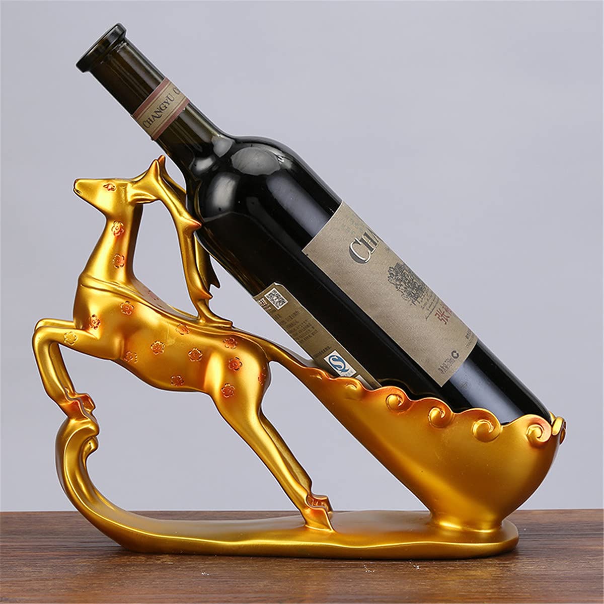 CdyBox Wine Rack Deer Ornaments Single Bottle Holder Stand Wine Cabinet Resin for Living Room Home Décor Gifts (Gold)