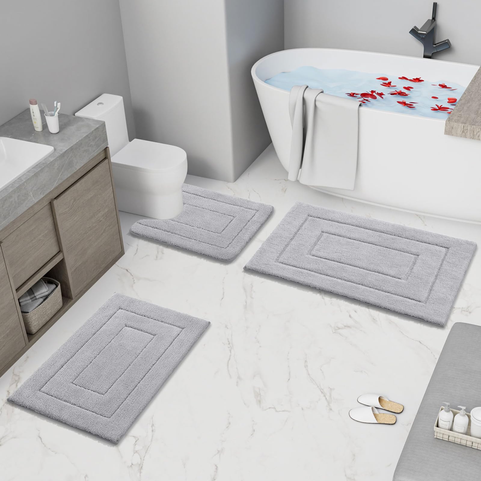 Buganda Bathroom Rugs, 24" x 16", Soft and Absorbent Microfiber Bath Rugs, Non-Slip Shaggy Bath Carpet, Machine Wash Dry Bath Mats for Bathroom Floor, Tub and Shower, Grey