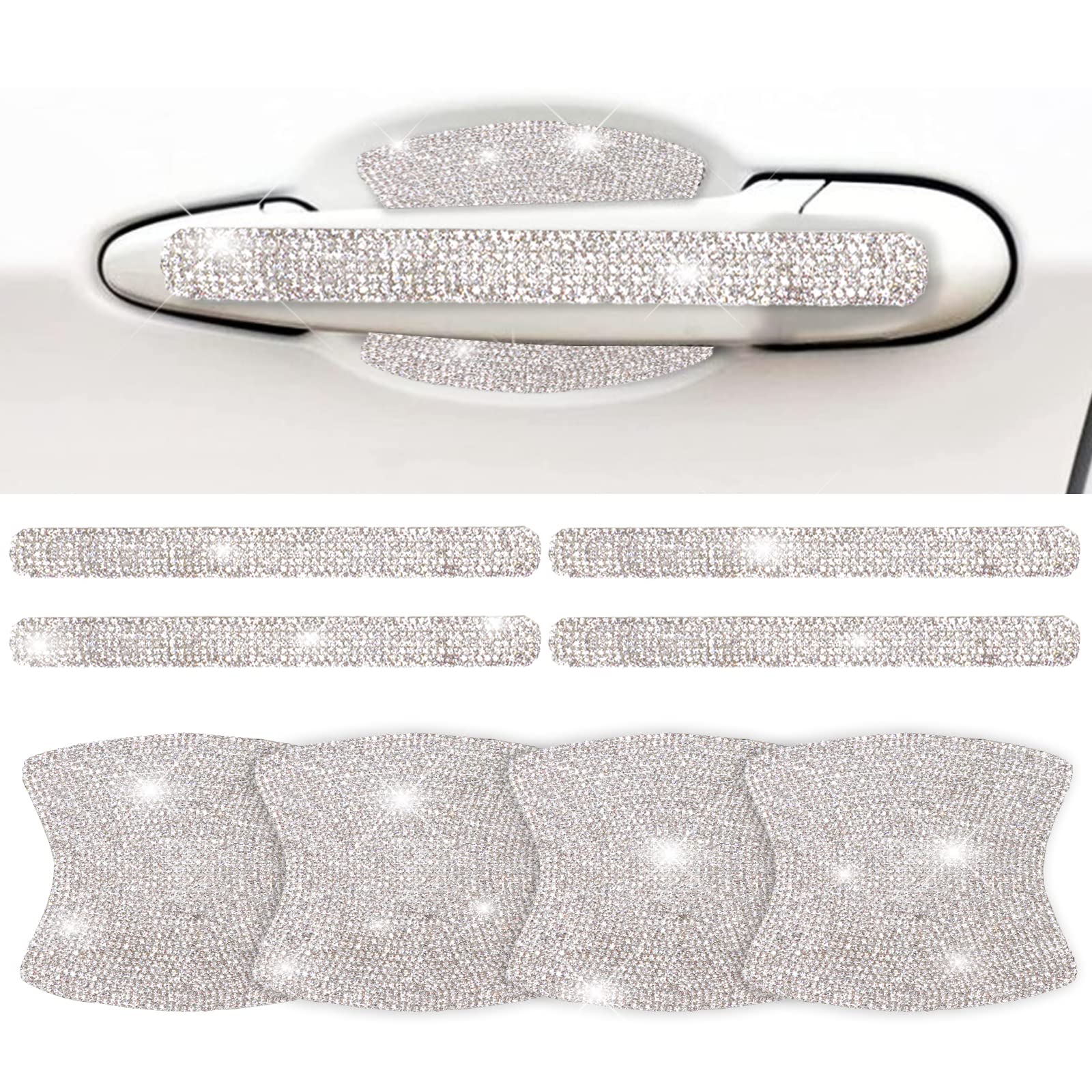 Forjume 8PCS Bling Car Door Handle Protector Rhinestone Universal Saftey Scratch Car Handle Cover Reflective Trim Stickers Bling Car Door Handle Stickers Car Door Bowl Protection Woman & Man (Silver)