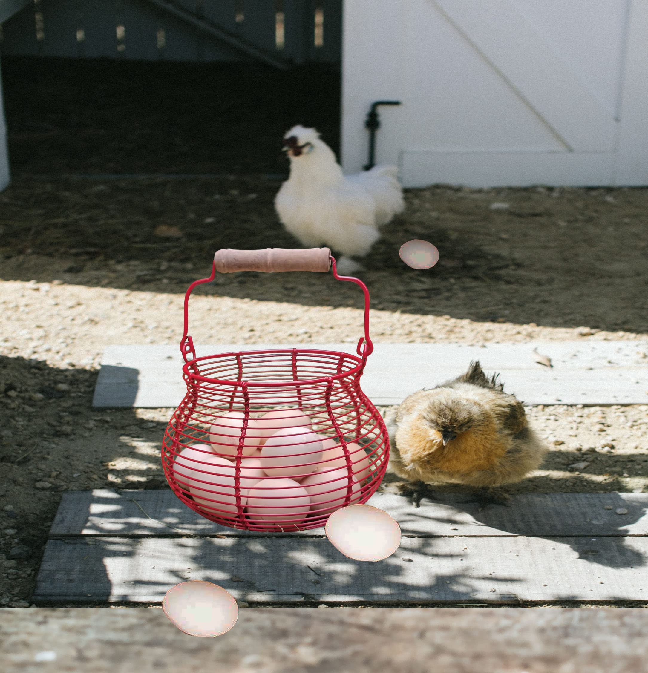 LINCOUNTRY Wire Egg Basket for Gathering Fresh Eggs,Red Egg Baskets for Fresh Egg Farmhouse,Egg Collecting Basket,Round Metal Egg Basket With Handle,Refrigerator Countertop Holder, Kitchen Storage Bin