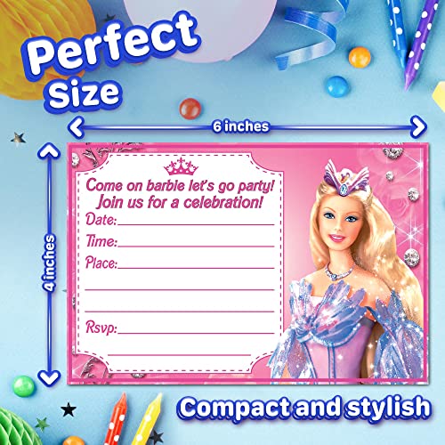 HAPPY CHOICES Barbie Invitation Cards and Envelopes – 20 Fill-in Invites for Kids Birthday Bash and Theme Party, 10X15 cm, Postcard Style…