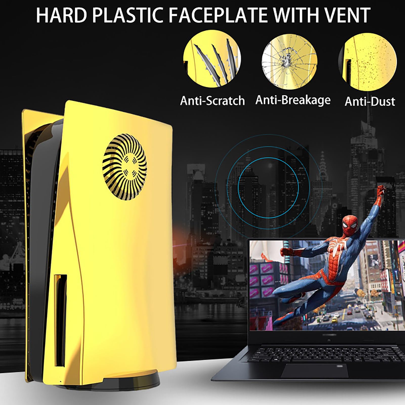 Custom for PS5 Cover Plates Faceplate Plated Gold w/ Multicolor Lights Replacement, Compatible with for PlayStation 5 Disc Edition Consoles, DIY Protective Shells + Cooling Window & Dust Mesh