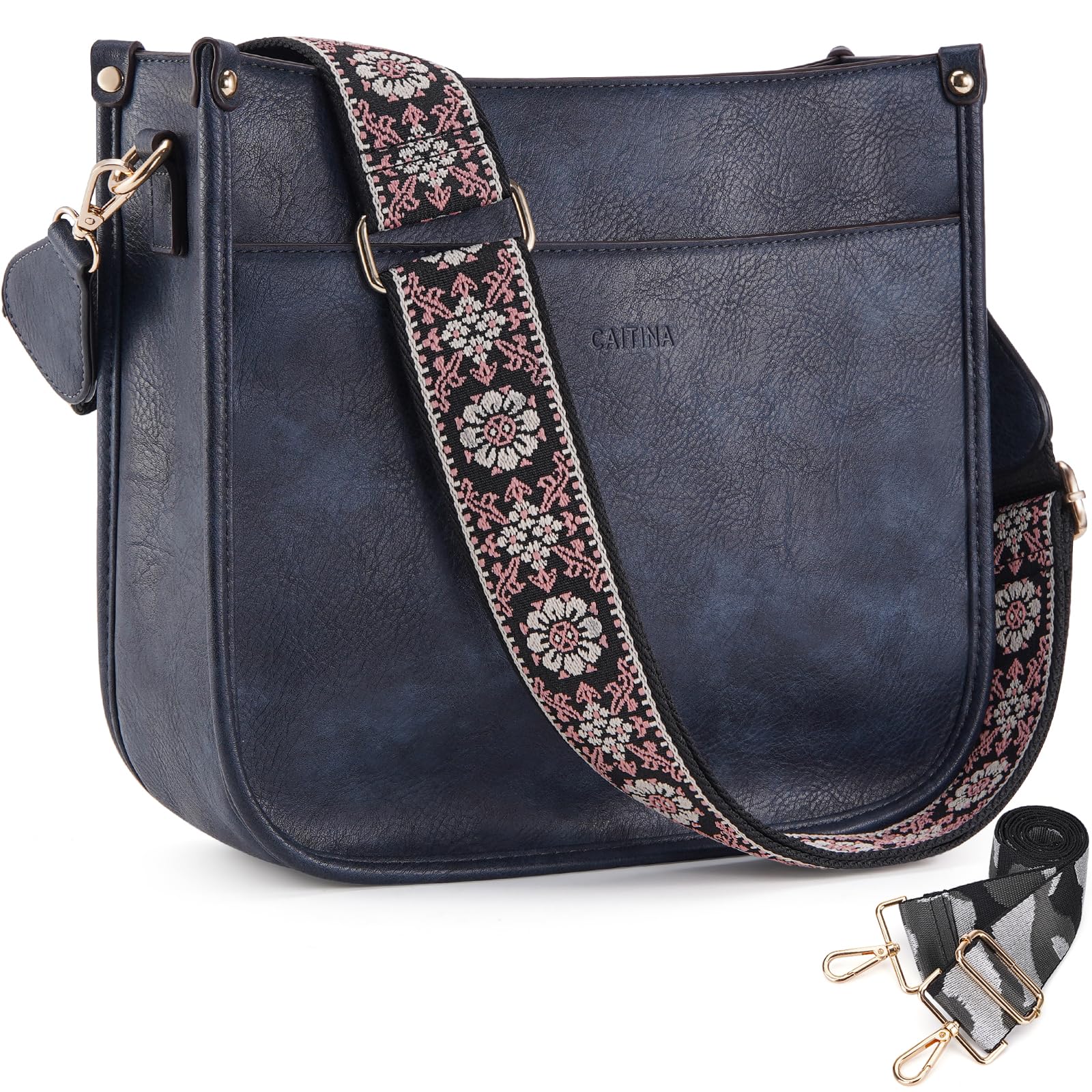 Caitina Crossbody Bags For Women Vegan Leather Hobo Handbags Designer Crossbody Purses Bucket Bag For Women with 2PCS Adjustable Strap(Blue Black)