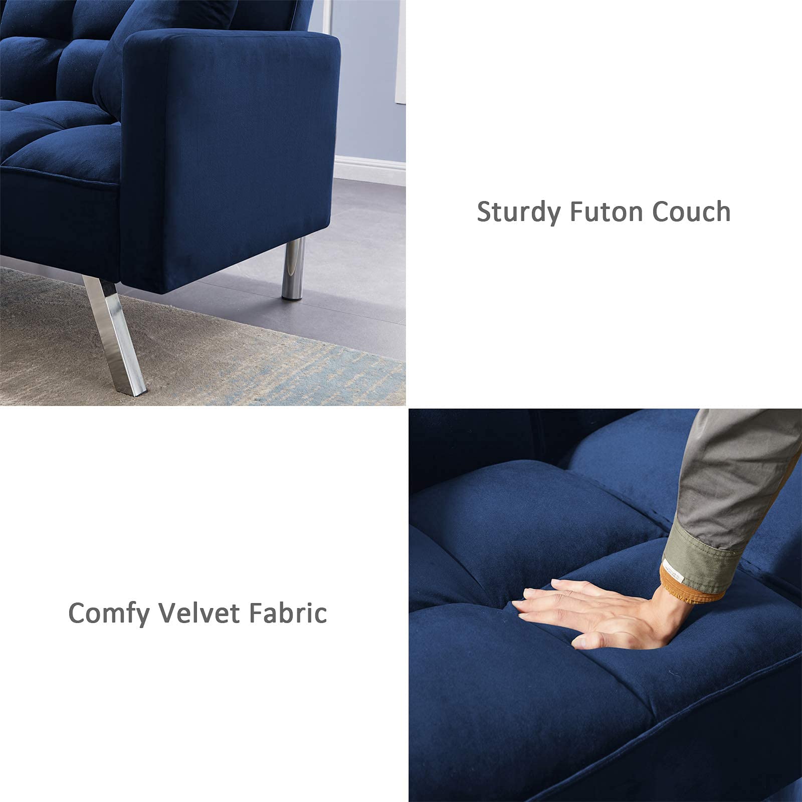 Olela Sleeper Sofa Bed Modern Tuft Futon Couch Convertible Loveseat Sleeper Reclining Sofa Bed Twin Size with Arms and 2 Pillows for Living Room, Navy Blue