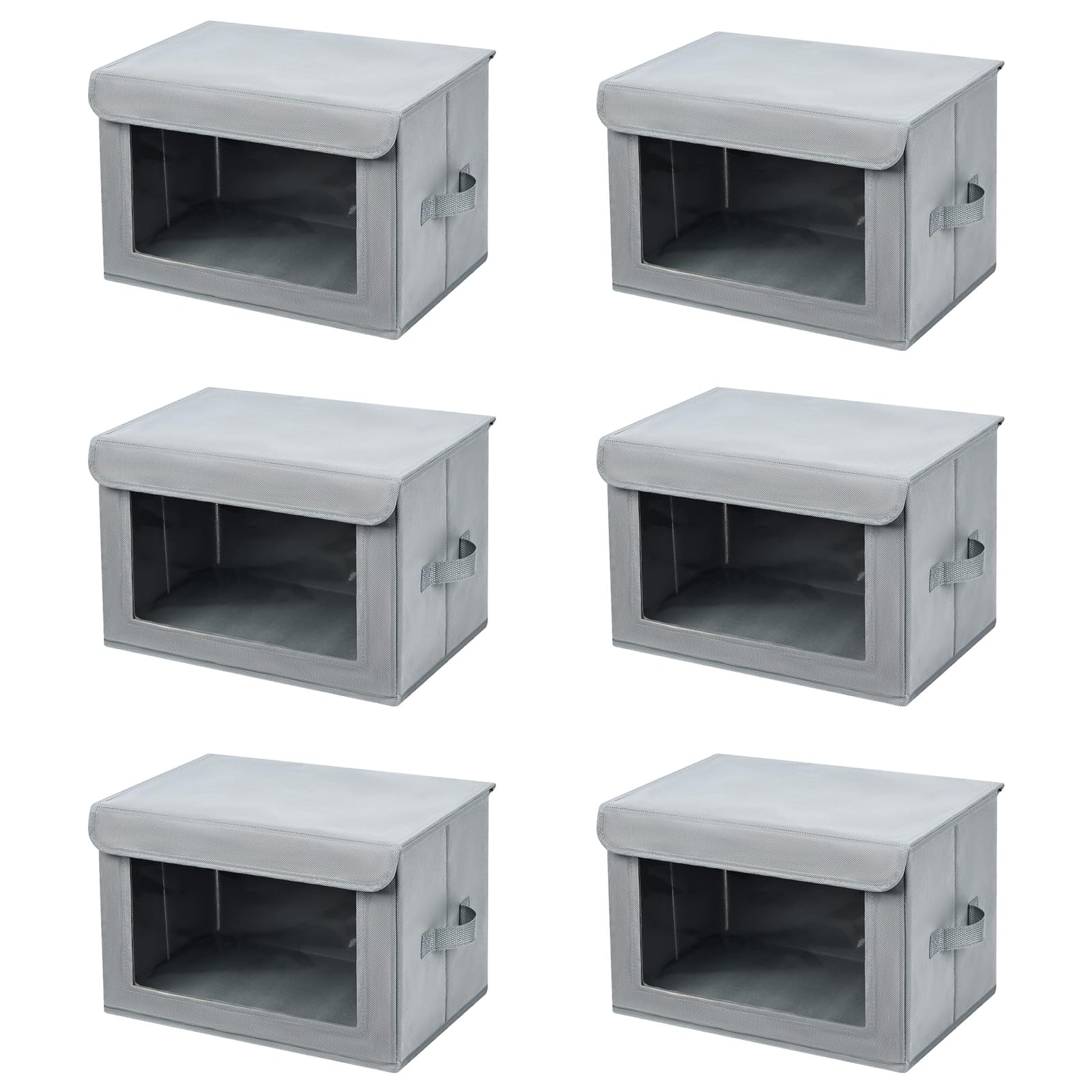 DIMJ Closet Bins with Lid, Collapsible Storage Bins with Window, Linen Closet Organizers and Storage Baskets with Handles, Fabric Storage Bins for Closet Shelves,Light Grey Medium 6 Packs