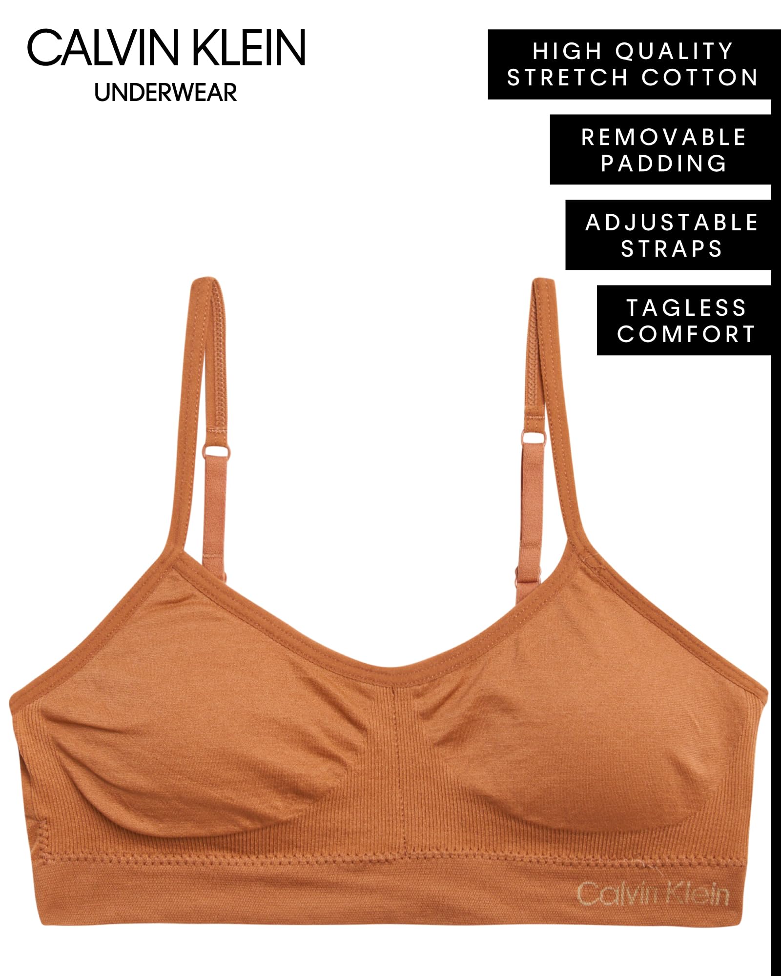 Calvin Klein Girls' Training Bra - 4 Pack Seamless Crop Cami Bralette, Removable Pads (S-L), Size Large, Buff/Rose Dawn/White/Bronze