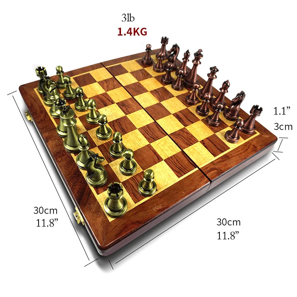 Chess Set Folding Metal Chess Set Chess Set with Storage for Retro Copper Plated Metal Chess Pieces Wooden Board Game Gift