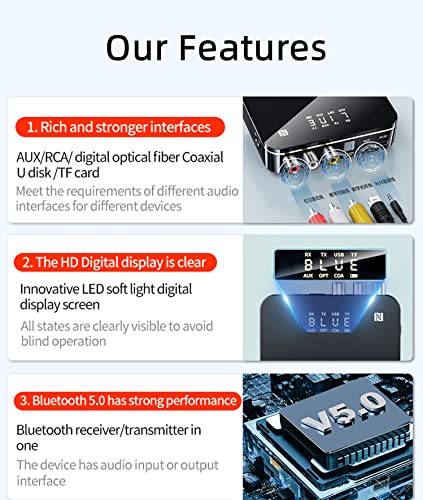 PONYBRO Bluetooth 5.0 Audio Receiver Transmitter 2 in 1 with Remote, Bluetooth Hi-Fi Audio Adapter with 3.5mm&RCA,COAXIAL,Optical,NFC,Aptx-LL for Home and Car Stereo, AV Receiver or Amplifier