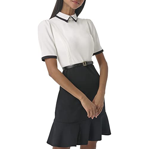 Karl Lagerfeld Paris Women's Belted Color Bloack Collared Dress, Soft White Black, 8