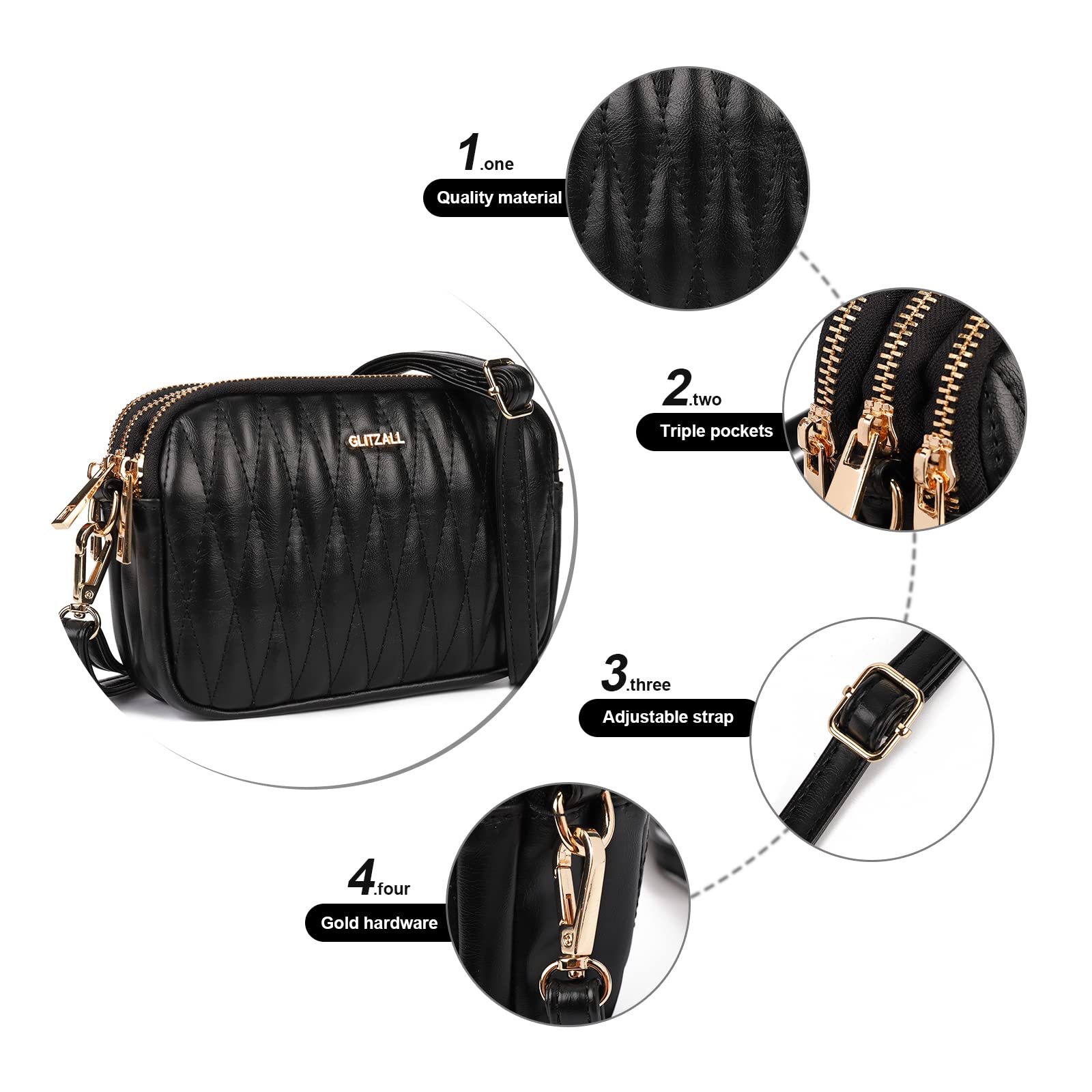 Triple Zip Small Crossbody Wallet Purse for Women Quilted Cross body Bag with Detachable Strap…