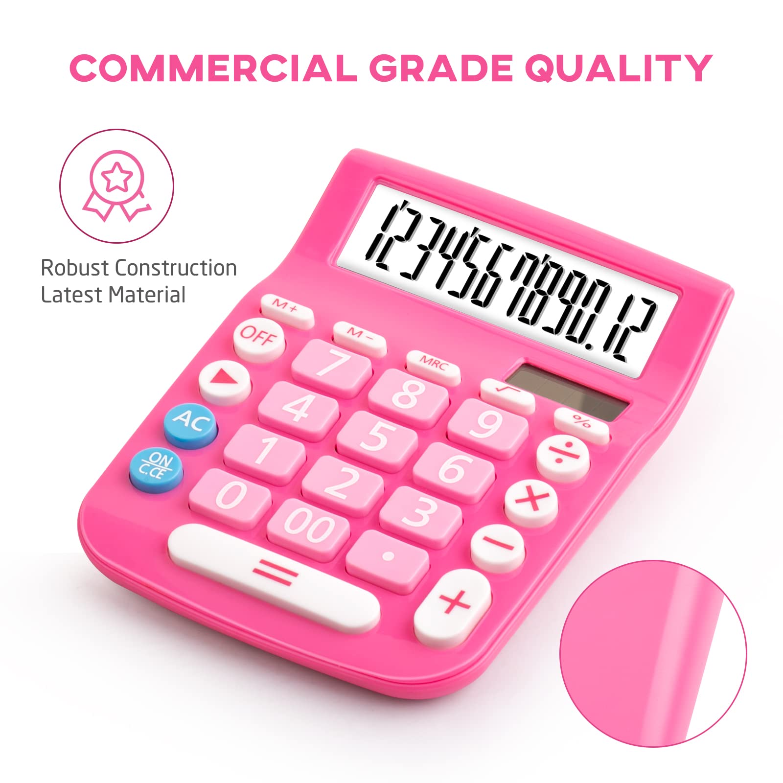 Calculators Desktop, Large Display Big Button, Solar and Battery Dual Power, 12 Digit Small Basic Standard Functional Calculator Cute for Office, Home, School (Pink)