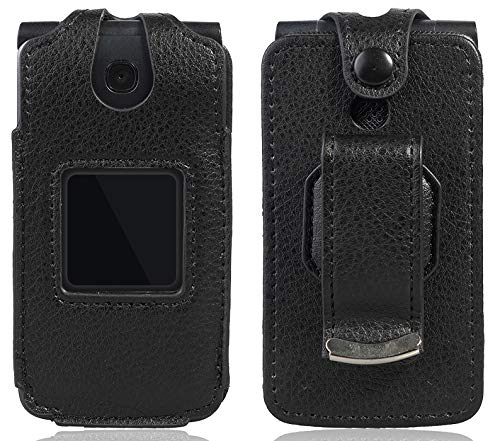 Case for Go Flip Phone, Nakedcellphone [Black Vegan Leather] Form-Fit Cover with [Built-in Screen Protection] and [Metal Belt Clip] for Alcatel Go Flip V, MyFlip, QuickFlip, AT&T Cingular Flip 2
