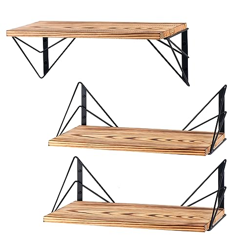 HappyHapi Floating Shelves, 3 Sets of Wall Mounted Shelf, Wall Shelves for Bedroom Bathroom Living Room Kitchen Storage, Bookshelf for Wall, Rustic Wood Room Wall Decor (15.7''H * 6'' W * 5.5''D)