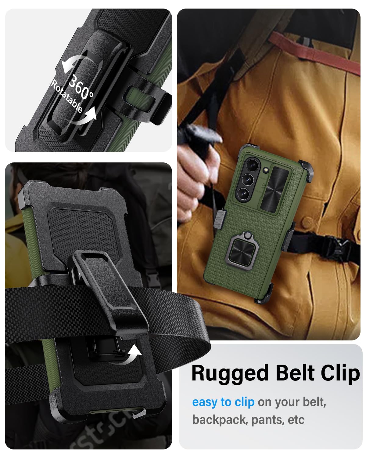 BXYJY for Samsung Galaxy Z Fold 5 Case with Belt Clip, Built-in Ring Kickstand & Front Screen Protector & Slide Camera Cover & Hinge Protection & Heavy Duty Case for Galaxy Z Fold 5 5g 2023, Green