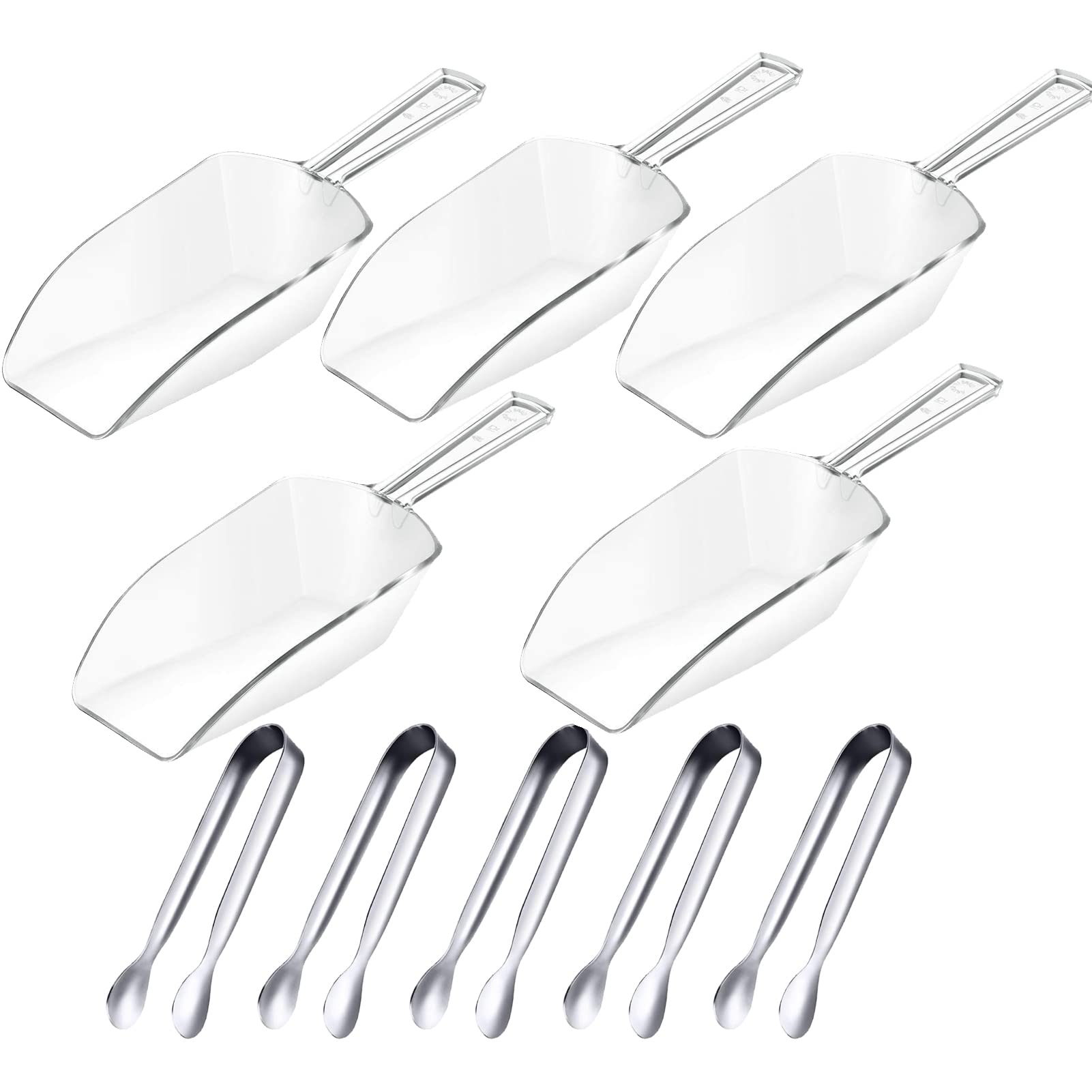 Cszlove 5Pcs Ice Tongs and 5Pcs Plastic Measuring Scoops, Serving Tongs Food Scoops Set for Sweet Candy Coffee Ice Bucket Bar Kitchen Wedding Birthday Party, Silver, Clear, 4.3'', 8.2''