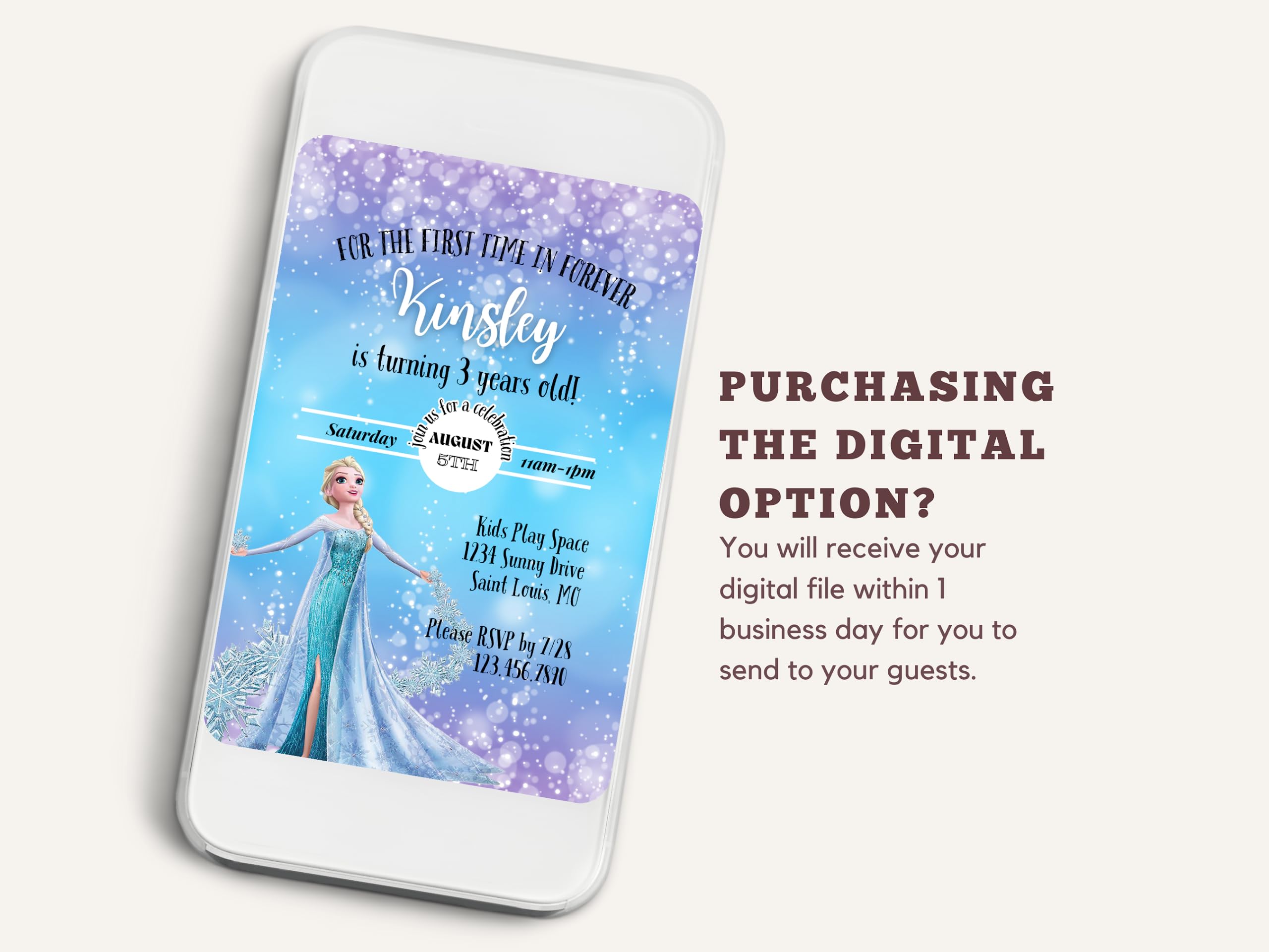 Frozen Inspired Birthday Party Invitation, Personalized, 5 inches by 7 inches, Envelopes Included with Printed Option, Printed or Digital DIY Party Supplies Invitation Cards