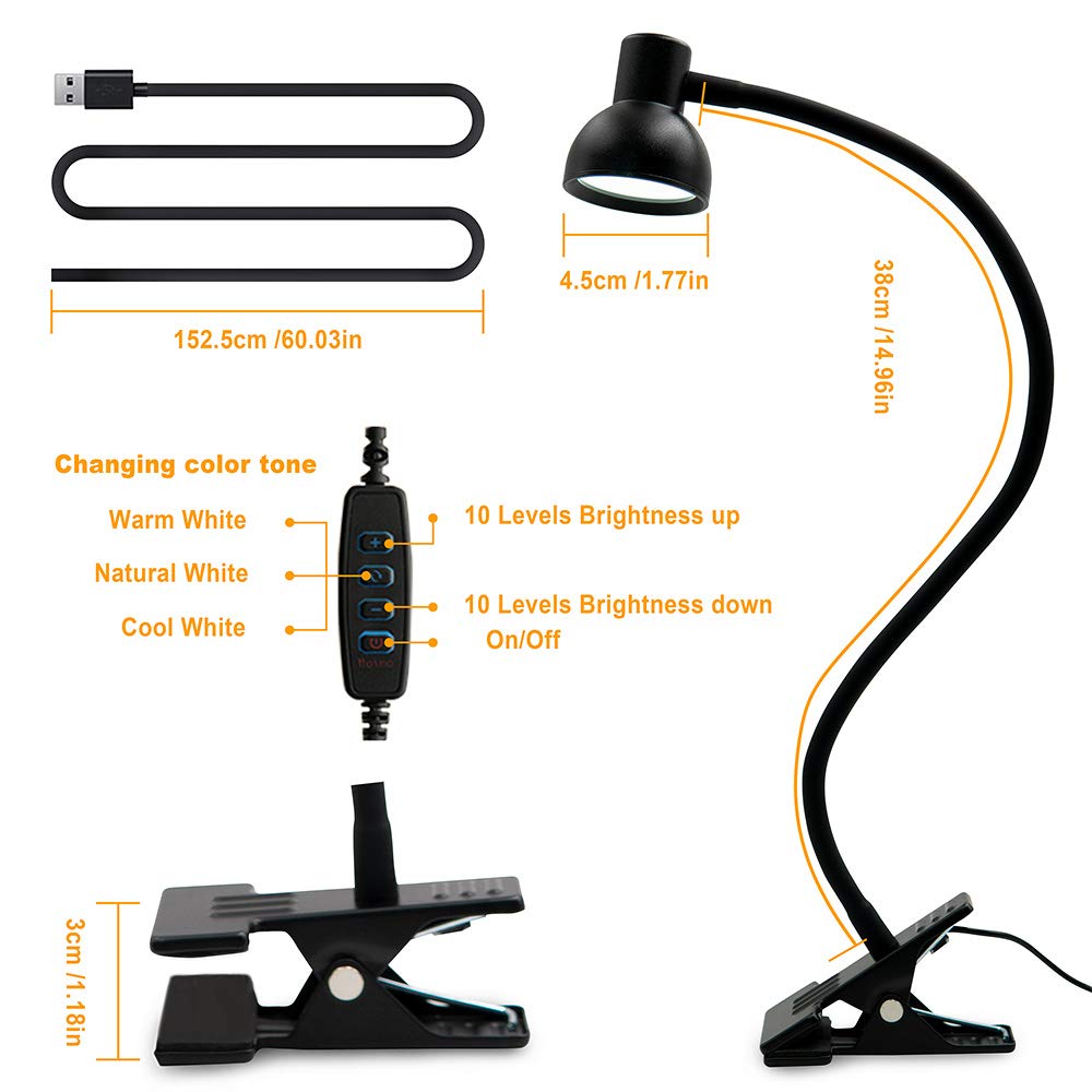 BOHON Clamp Lamp Clip on Light Reading Lights Eye-Caring 3 Color Modes 10 Brightness Dimmer USB Study Book LED Desk Lamp 360° Flexible Gooseneck Night Light for Headboard Bedroom