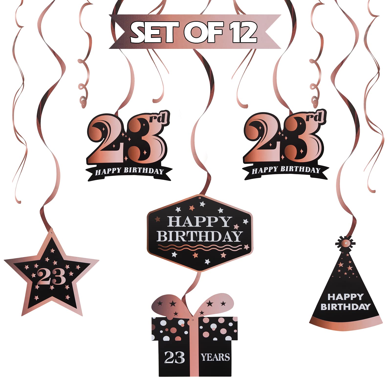 LINGTEER Happy 23rd Birthday Decorations,23rd Birthday Black with Rose Swirls Hanging Streamer Kit,Cheers to 23 Years Old Bday Foil Party Photo Backdrop Supplies.