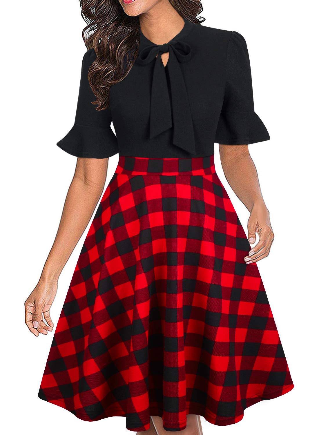 Buffalo Plaid Dresses for Women Christmas Vintage Fit and Flare Knee Length Teacher Church Business Office Professional Work Dress L