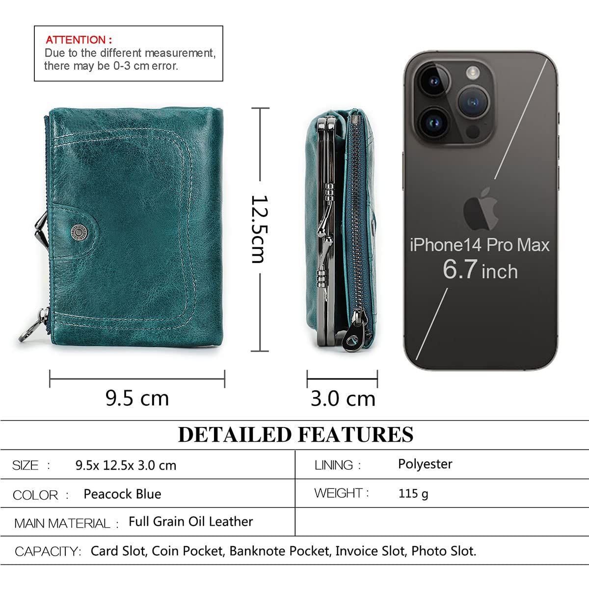 Contacts Womens Kiss Lock Wallet Leather Small Zipper Coin Pocket for Women Blue Bifold Rfid Clasp Purse Card Holder with Photo Window