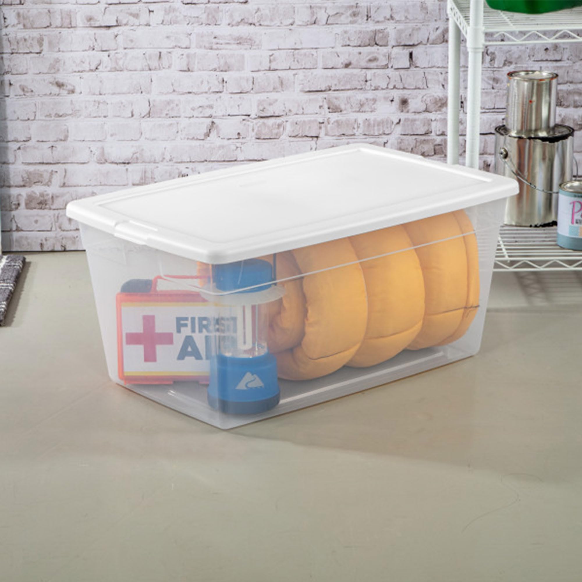 Sterilite 90 Qt Storage Box, Stackable Bin with Lid, Plastic Container to Organize Clothes, Blankets, Towels in Closet, Clear with White Lid, β29.75"L x 13.5"W x 18.75"H, 4-Pack