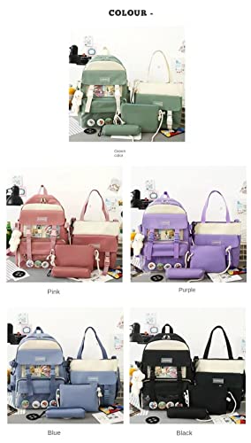 Kawaii Backpack Casual Bags Cute Aesthetic Backpacks with badge and pendant, shoulder bag, pencil case, handbag (Pink)