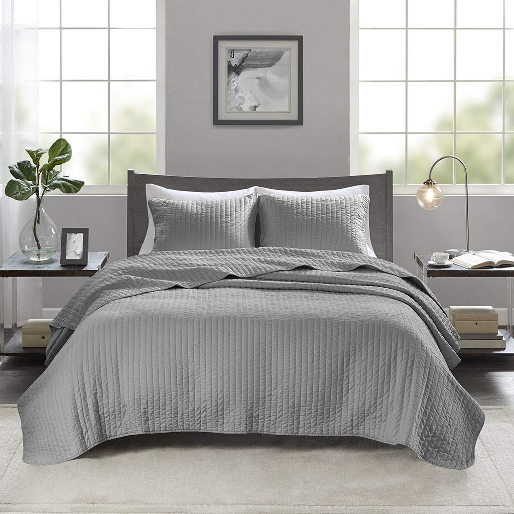 Madison Park Keaton Quilt Set-Casual Channel Stitching Design All Season, Lightweight Coverlet Bedspread Bedding, Shams, Full/Queen(90"x90"), Stripe Grey, 3 Piece