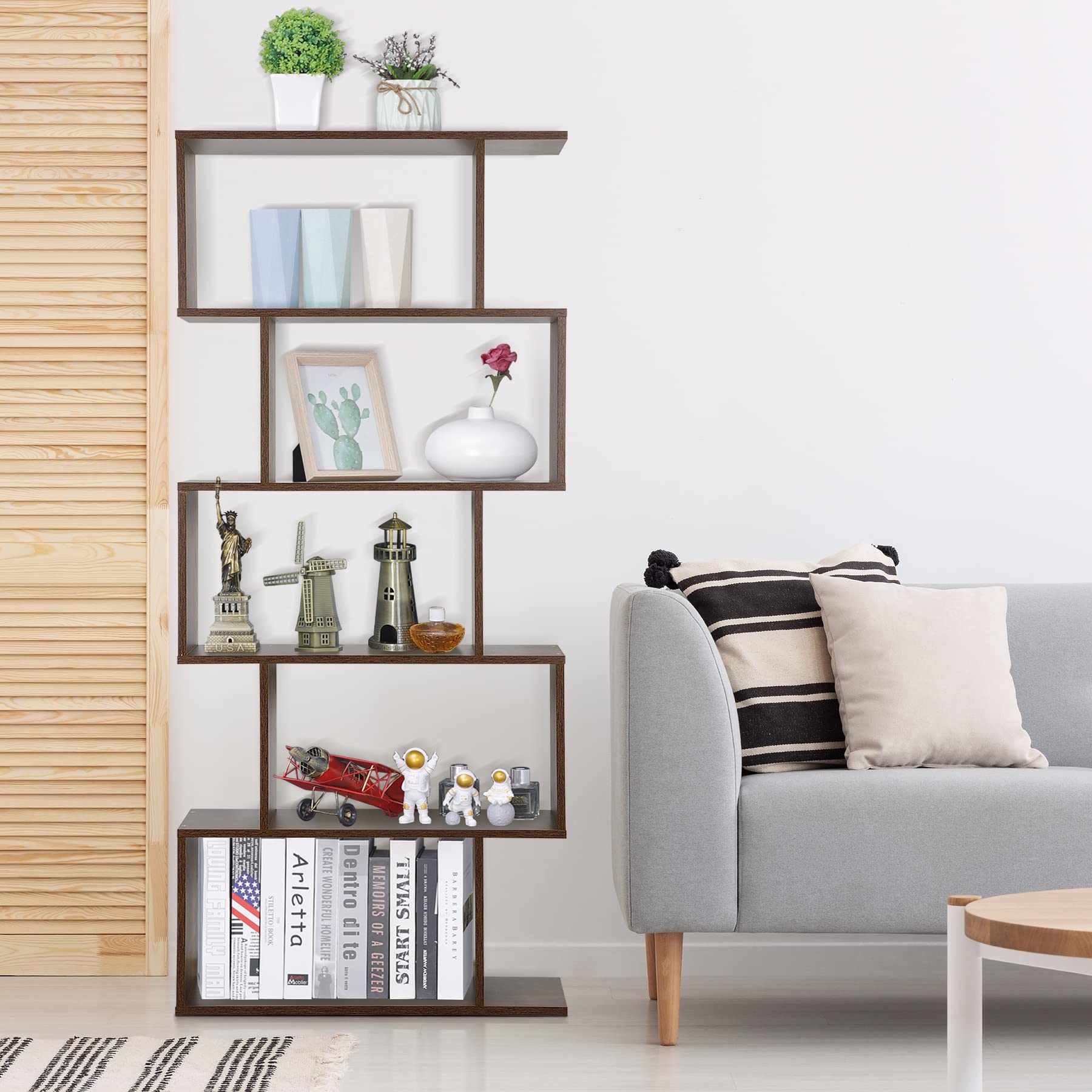 Epetlover 5 Tier Bookshelf S-Shaped Geometric Bookcase Wooden Floor Standing Open Shelf Bookshelves Display Storage Shelf & DVD Shelves for Living Room Bedroom Office, Rustic Brown