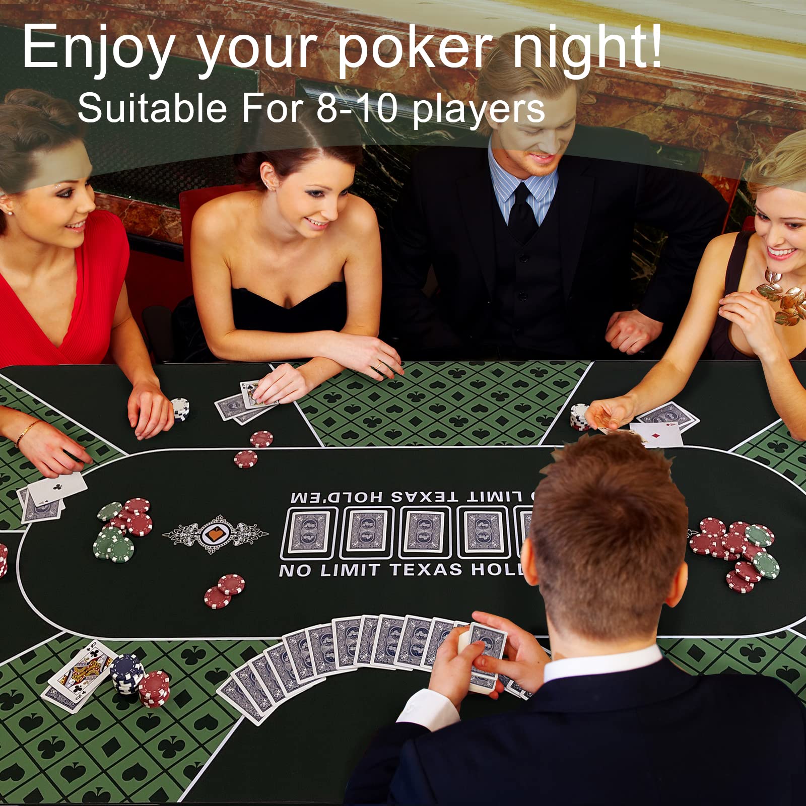 CONTINUE Poker Table Mat 8-10 Players Texas Hold'em Poker Mat Professional Poker Mat Anti-Slip Rubber Poker Table Top Layout with Carrying Bag for Poker Games, Blackjack, Casino (Rectangle Green)