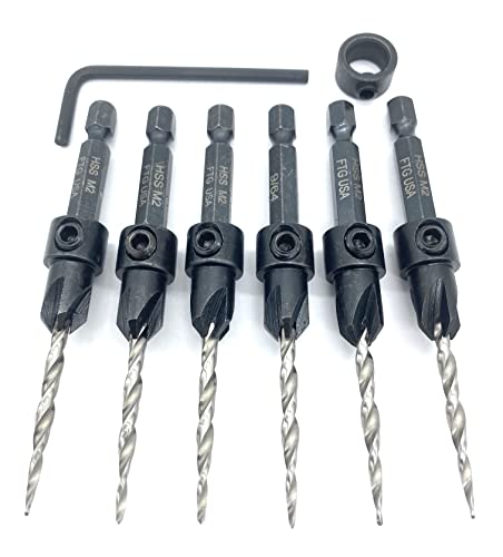 FTG USA Countersink Drill Bit Set 6 Pc #6 (9/64") Wood Countersink Drill Bit Pro Pack Countersink Set, Tapered Countersink Bit, 1 Stop Collar, Hex Wrench, Woodworking Countersink Drill Bits