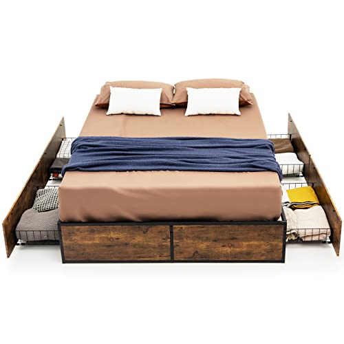 Giantex Queen Size Bed Frame with 4 Drawers, Industrial Metal Platform Bed Frame with Footboard, Reserved Holes for DIY Headboard, Heavy-Duty Mattress Foundation, No Box Spring Needed, Easy Assembly
