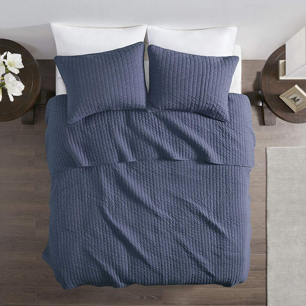 Madison Park Keaton Quilt Set-Casual Channel Stitching Design All Season, Lightweight Coverlet Bedspread Bedding, Shams, King/Cal King(104"x94"), Stripe Navy, 3 Piece