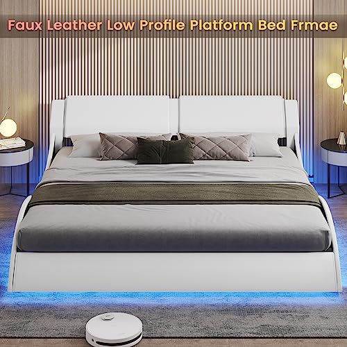 DICTAC King Size Bed Frame with LED Lights Modern King Led Bed Frame with Upholstered Headboard Faux Leather Low Profile Platform Bed Frame Wave Like Curve Bed Frame,No Box Spring Needed,White