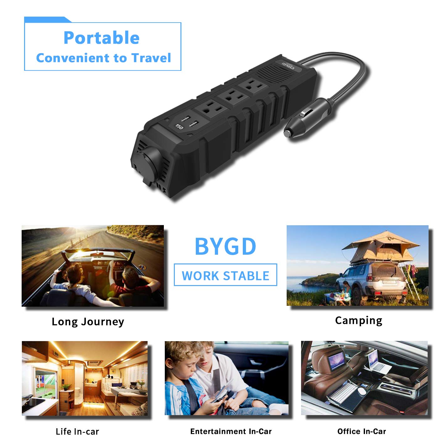 BYGD 150W Car Power Inverter for Vehicles, DC 12V to 110V AC Car Plug Adapter Outlet Converter with 1 Cigarette Lighter Socket, 3 AC Outlets, Dual 4.8A Fast Charging USB Ports for Digital Devices