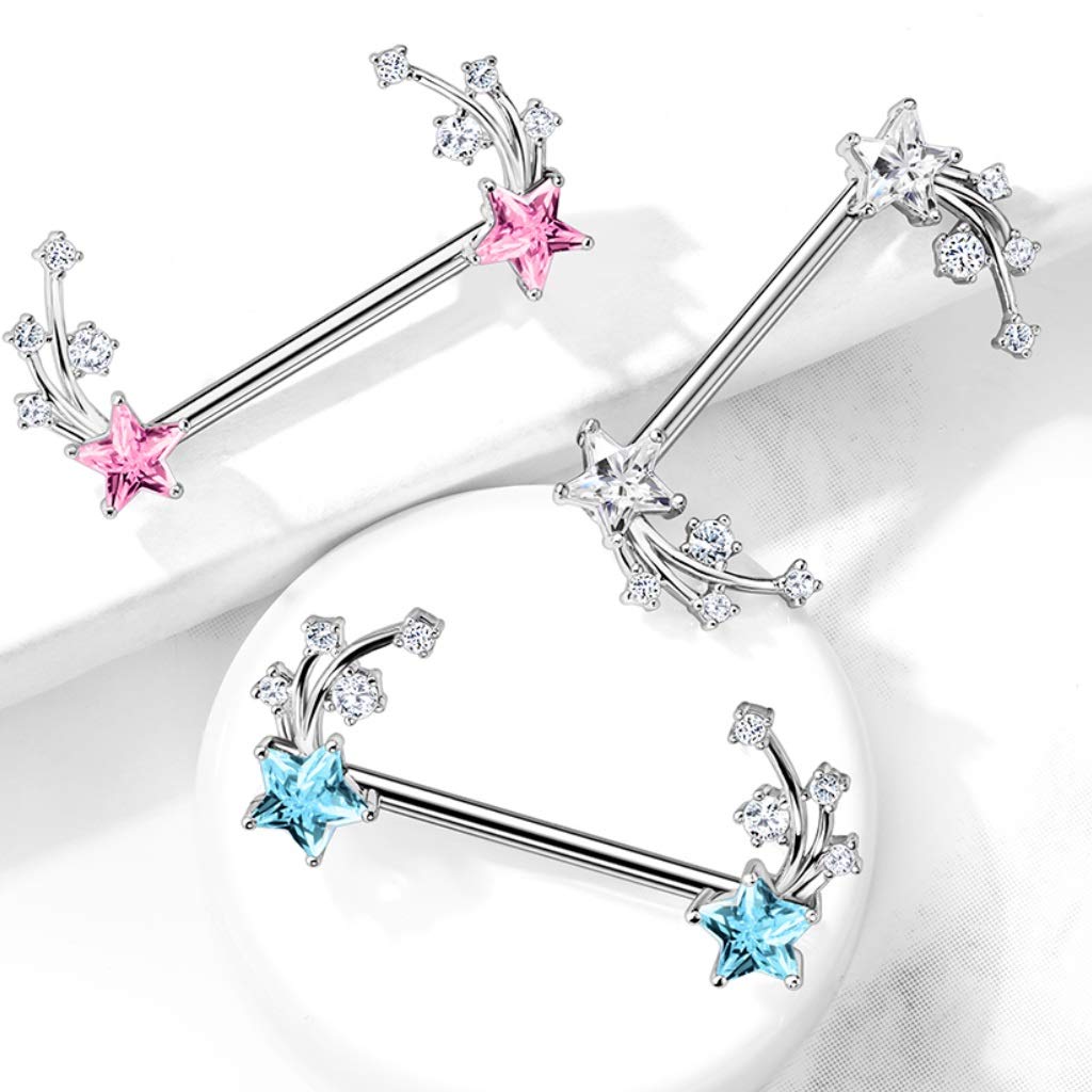 BODY DAZZ Pair of 14G-16mm Shooting Stars Surgical Steel Nipple Ring Barbells (Pink)