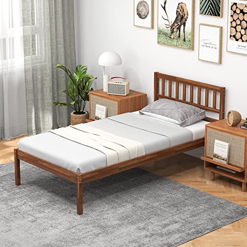 Giantex Wood Twin Bed Frame with Headboard, Mid Century Platform Bed with Wood Slat Support, Solid Wood Foundation, 12 Inch Height for Under Bed Storage, Easy Assemble, Walnut