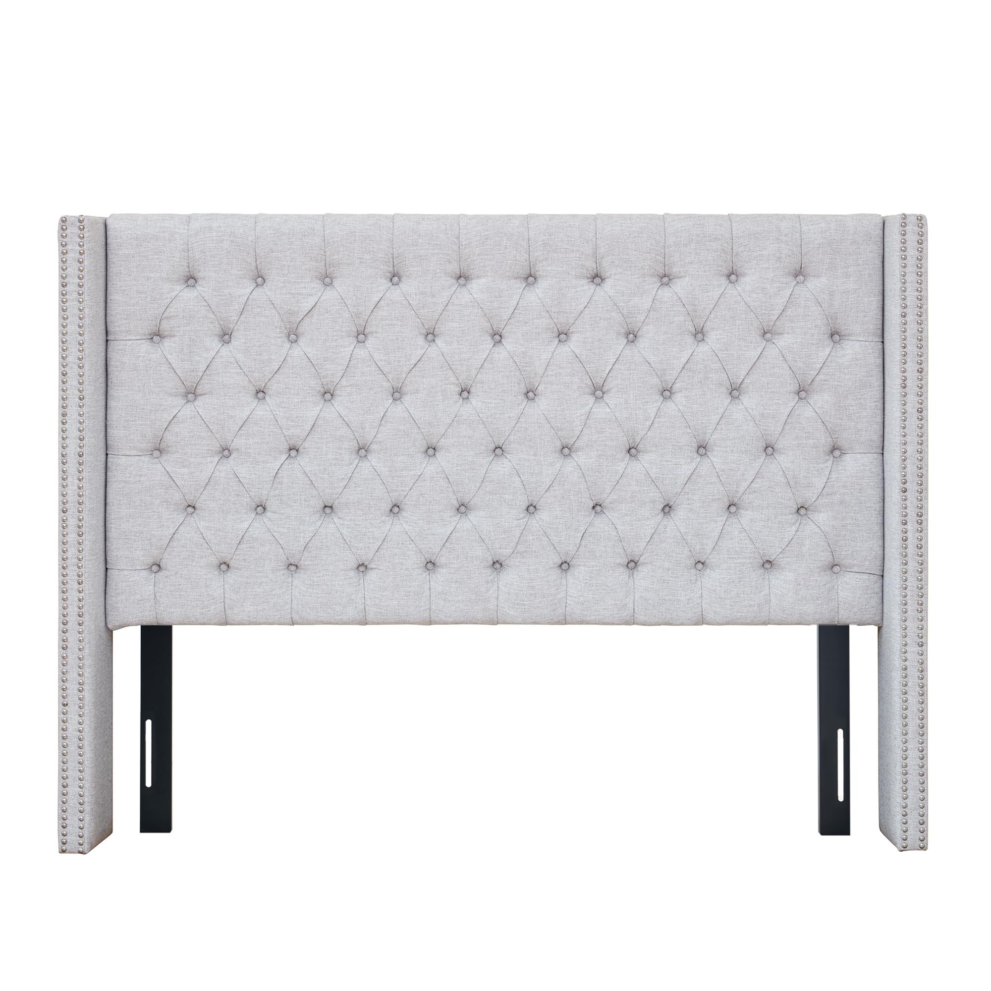 Madison Park Queen Button Tufted Headboard, Adjustable Upholstered Transitional Wingback Headboard, Nailhead Trim, Wooden Frame, Black Metal Legs, Flush Flat Back, Vintage Bedroom Décor Amelia - Grey