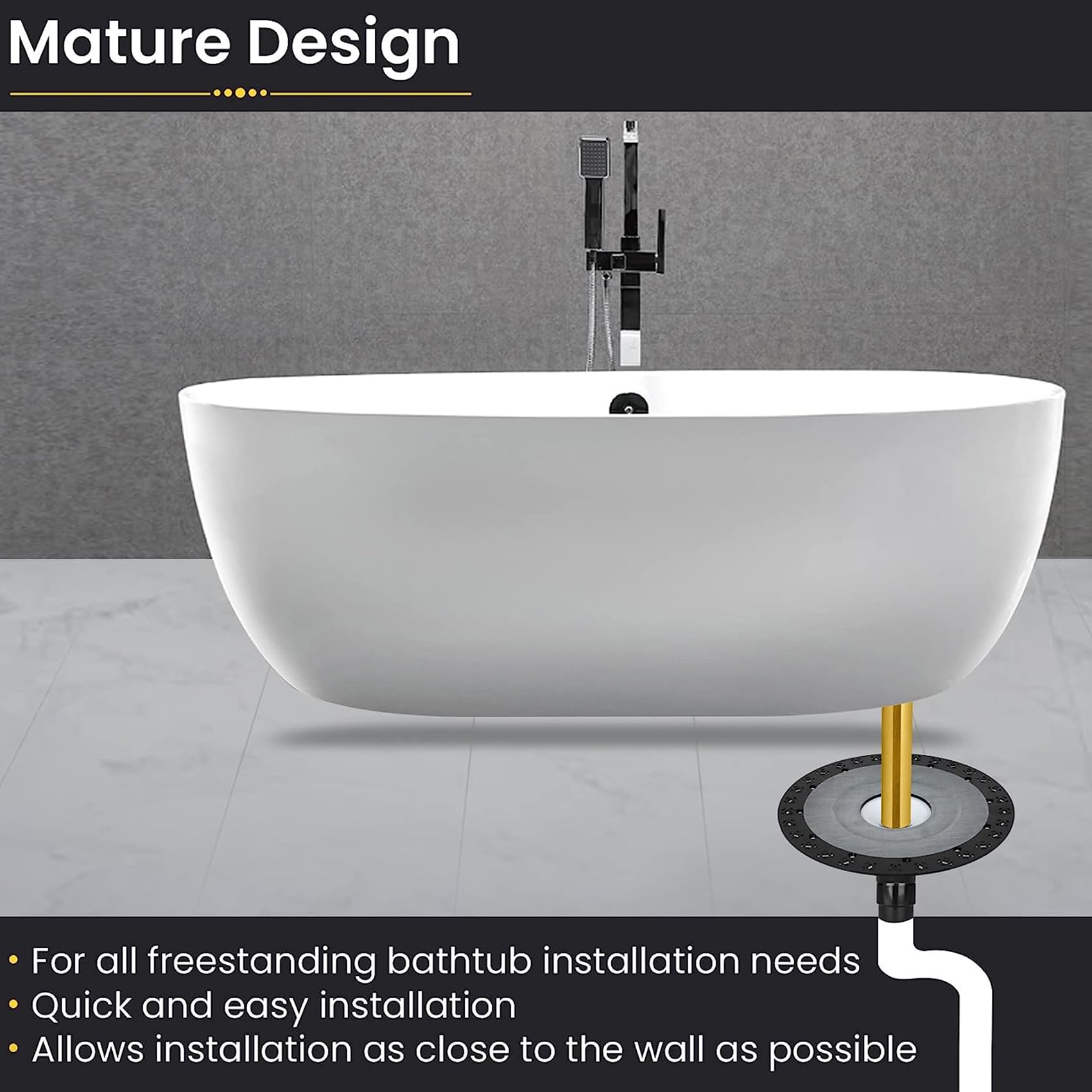 FERUERW Freestanding Bathtub Drain, Freestanding Tub Drain Rough-in Kit, Easy Freestanding Bathtub Drain Mounting Kit with ABS Plastic Adapter and Brass Liner