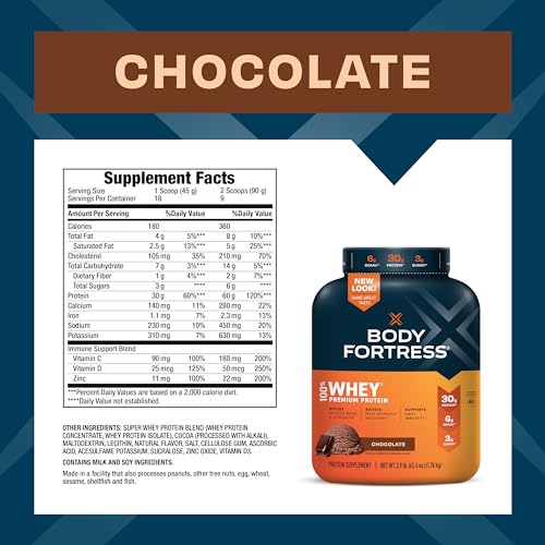 Body Fortress Super Advanced Whey Protein Powder, Chocolate, 60g Protein & 12g BCAAs Per 2 Scoops, Muscle Gain & Recovery, Immune Support with Vitamins C & D, 3.9lbs (Packaging May Vary)
