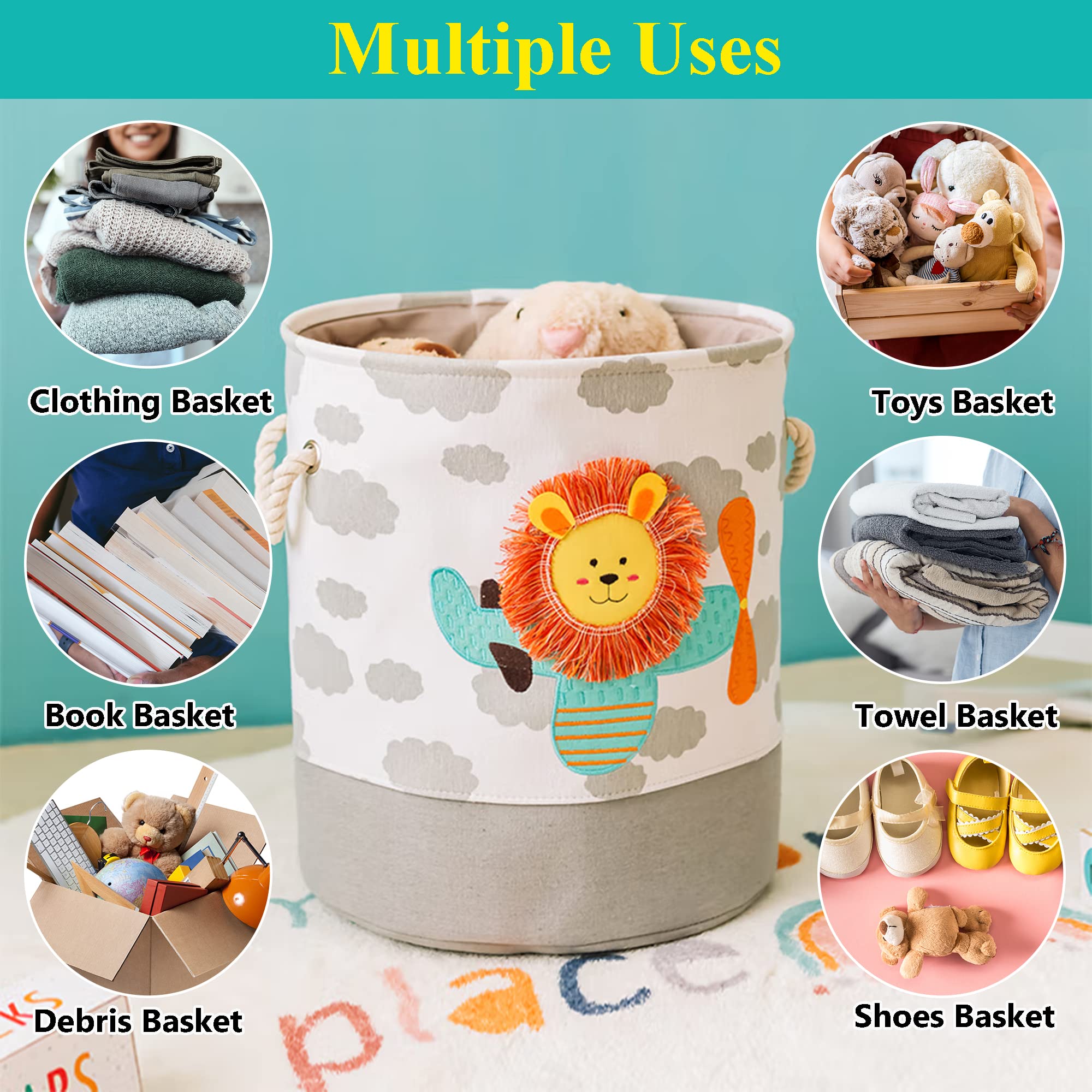 Cute Babys Laundry Basket - Kids Laundry Hamper for Boys, (Lion) Collapsible Thicken Durable Toys Organizer Storage Round Baskets and Nursery Bedroom Decor (Light Grey)